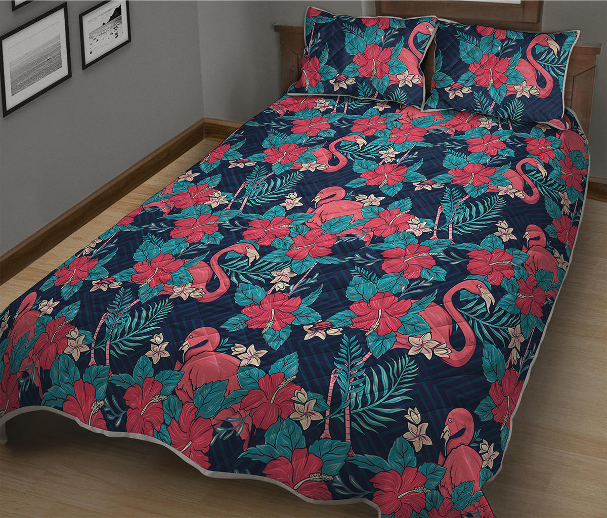 Flamingo And Hawaiian Floral Print Quilt Bed Set – GearFrost