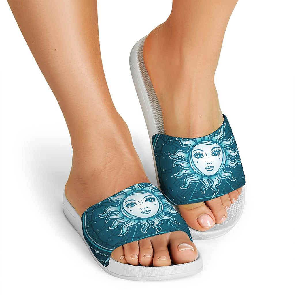 Geometric Celestial Sun And Moon Print White Slide Sandals – GearFrost