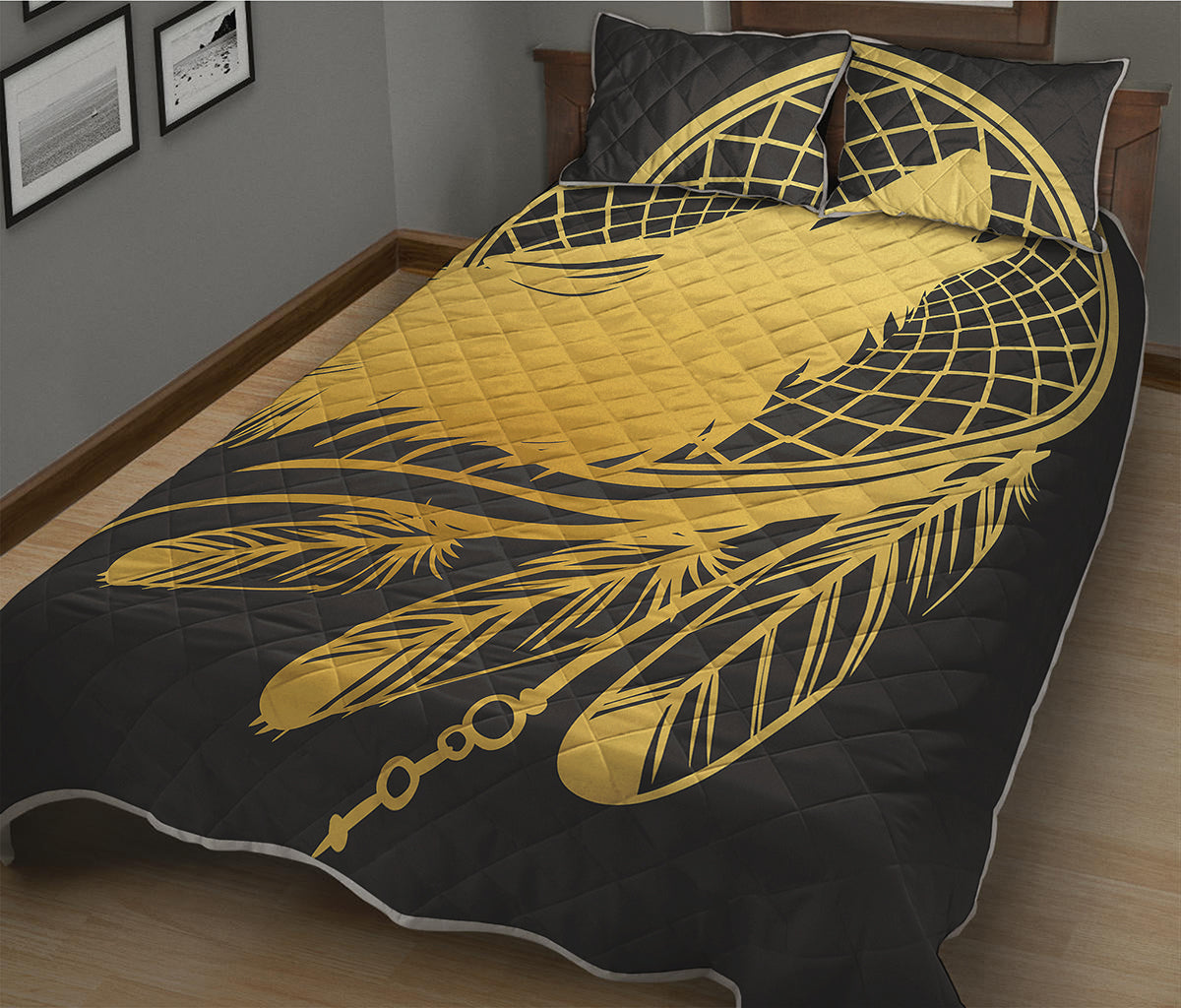 Golden Bohemian Howling Wolf Print Quilt Bed Set – GearFrost