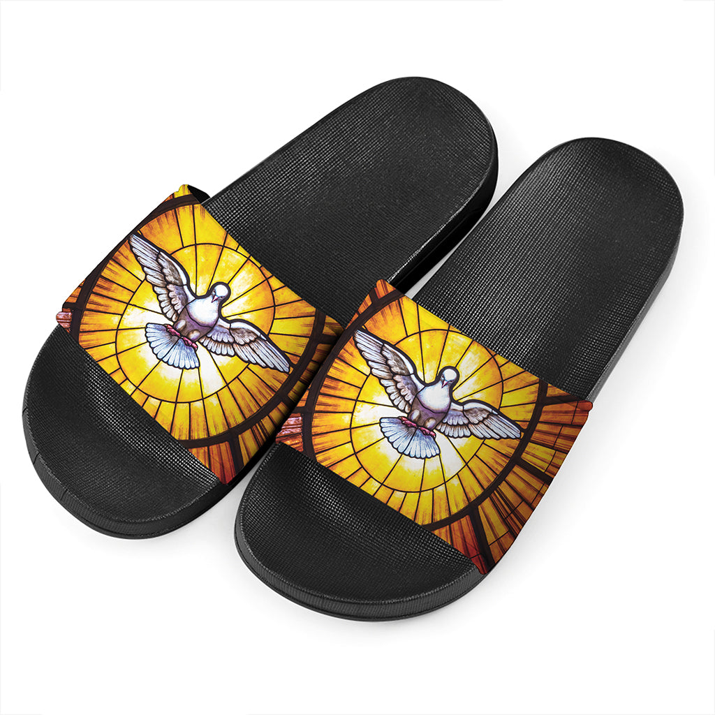 Holy Spirit Dove Stained Glass Print Black Slide Sandals – GearFrost