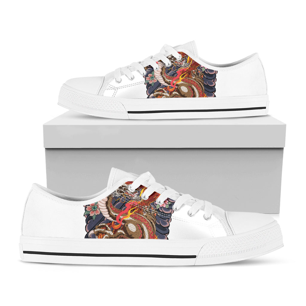Japanese Dragon And Phoenix Tattoo Print White Low Top Sneakers – GearFrost