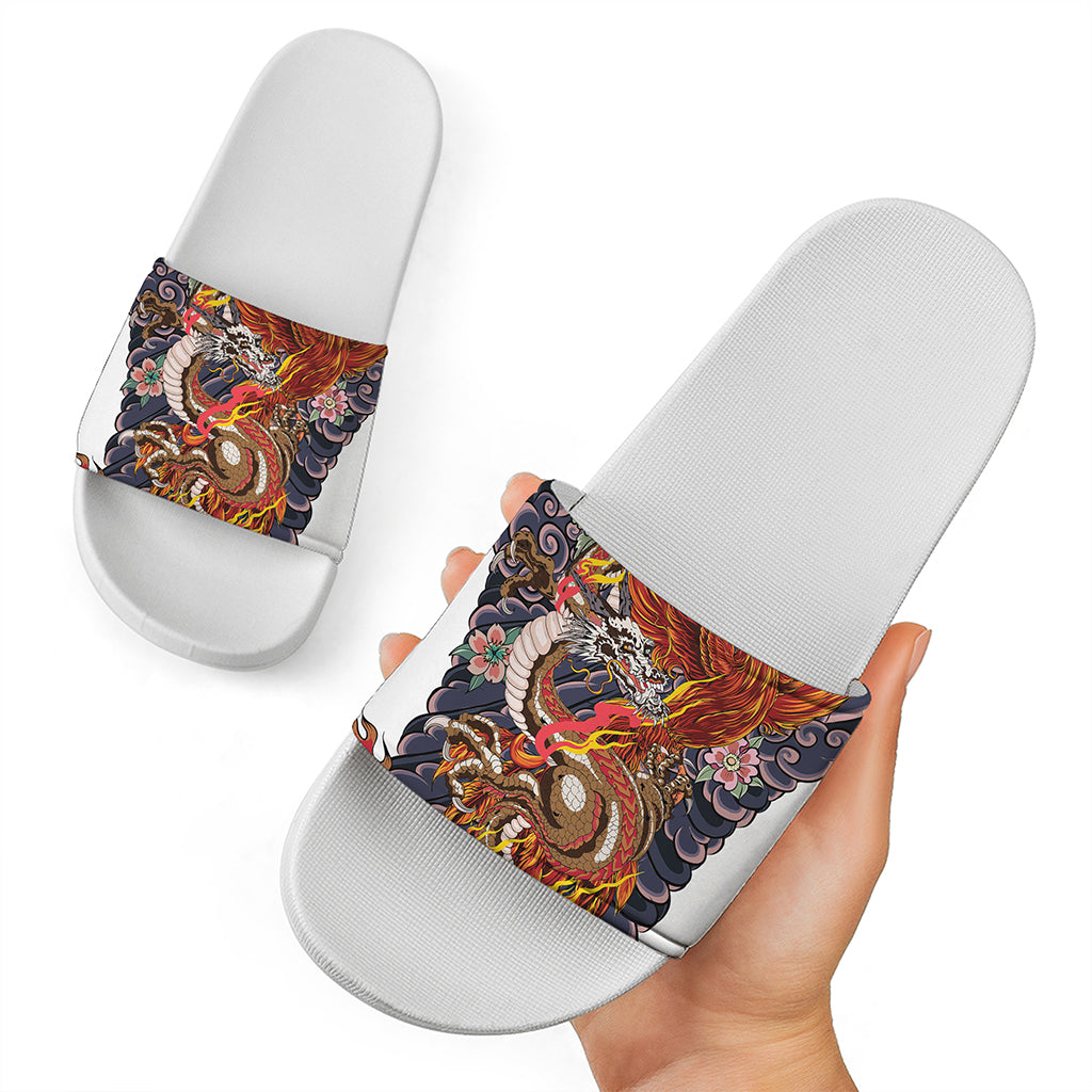 Japanese Dragon And Phoenix Tattoo Print White Slide Sandals – GearFrost