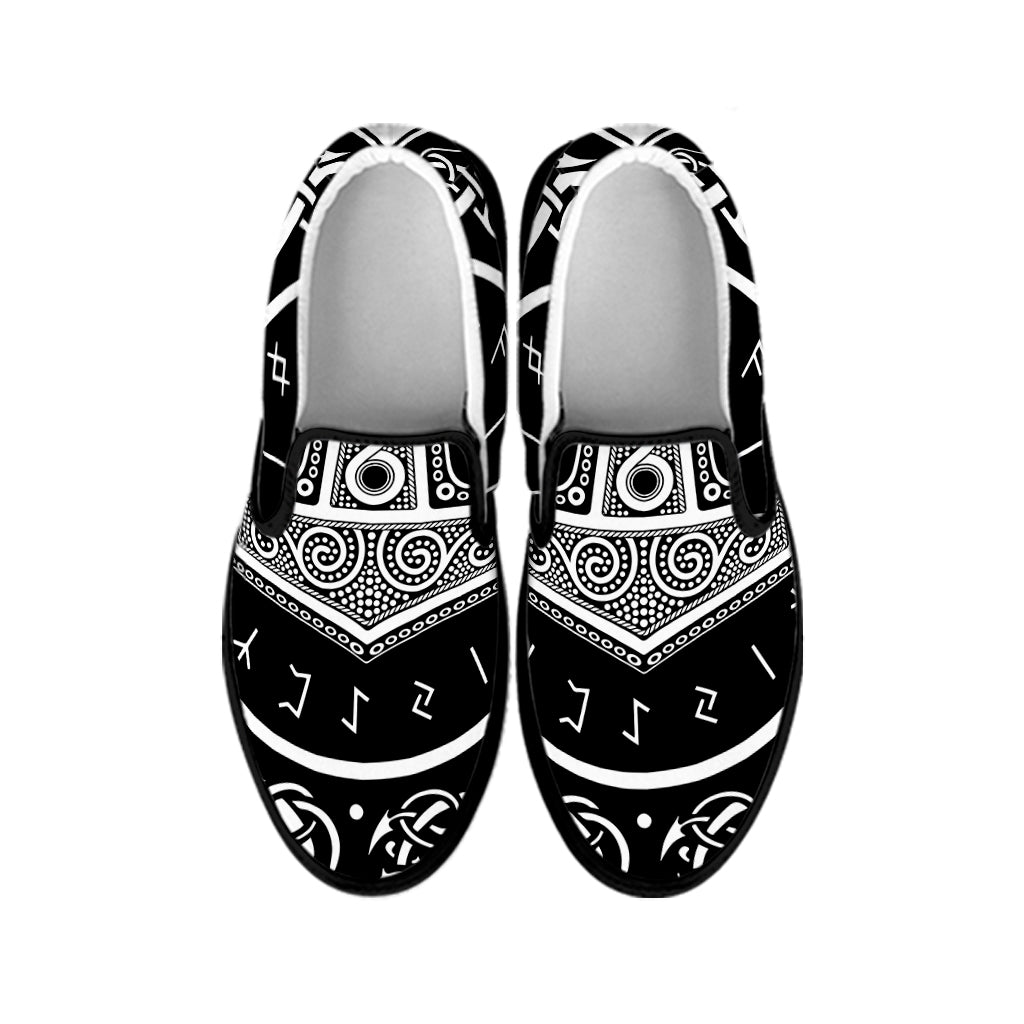 Mjolnir Norse Mythology Print Black Slip On Sneakers – GearFrost