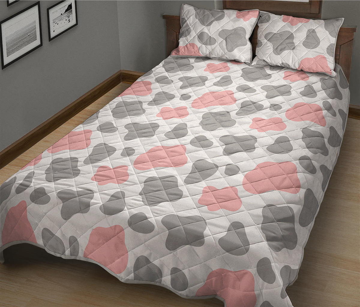 Pink Grey And White Cow Print Quilt Bed Set – GearFrost