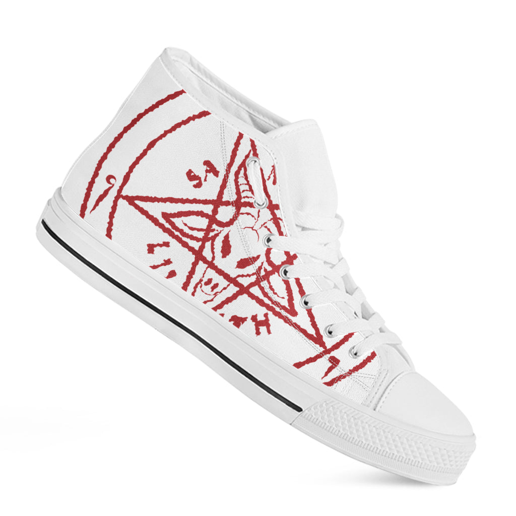 Red Satanic Pentagram Symbol Print White High Top Sneakers – GearFrost