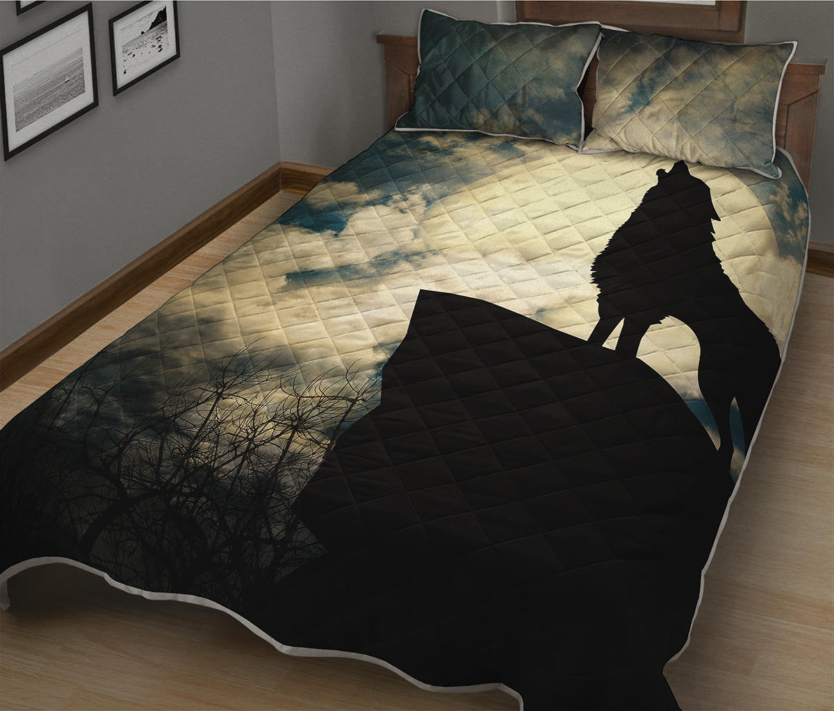 Wolf Howling At The Full Moon Print Quilt Bed Set – GearFrost